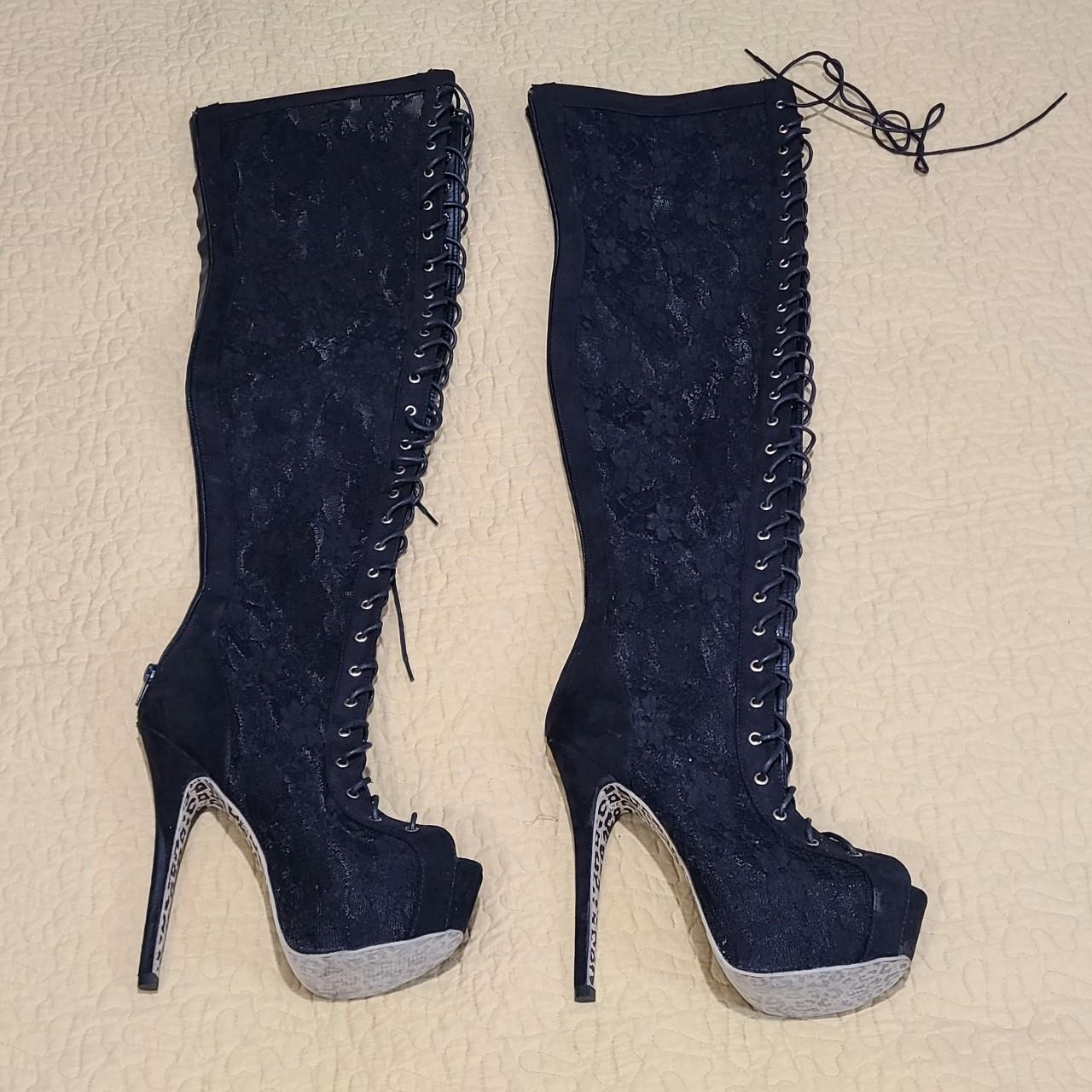 Lacey Black Knee Hi lace up heels. Black lace upper... - Depop