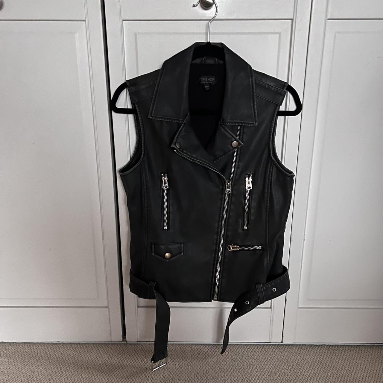 Washed black faux leather topshop biker vest.... - Depop