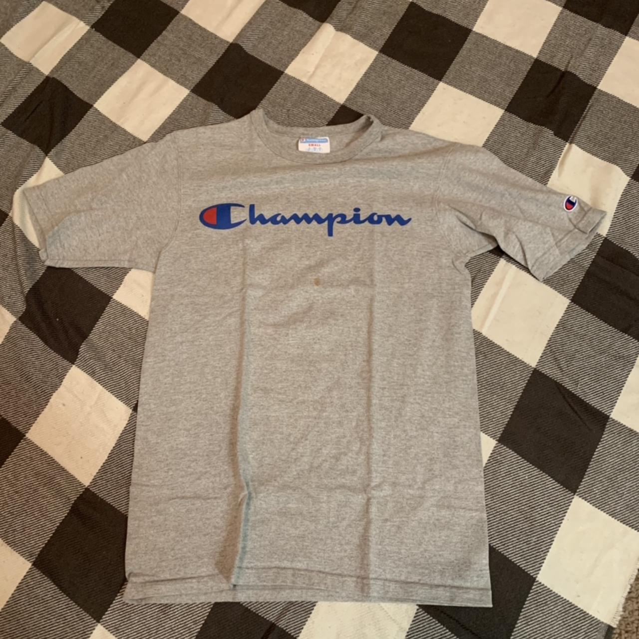 Grey champion logo t-shirt | one small stain on... - Depop