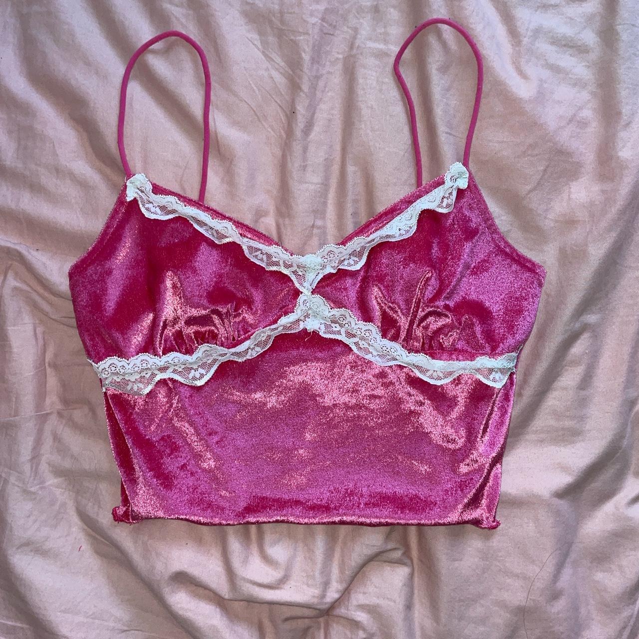 Pink velour cross lace cami top. Never been worn.... - Depop