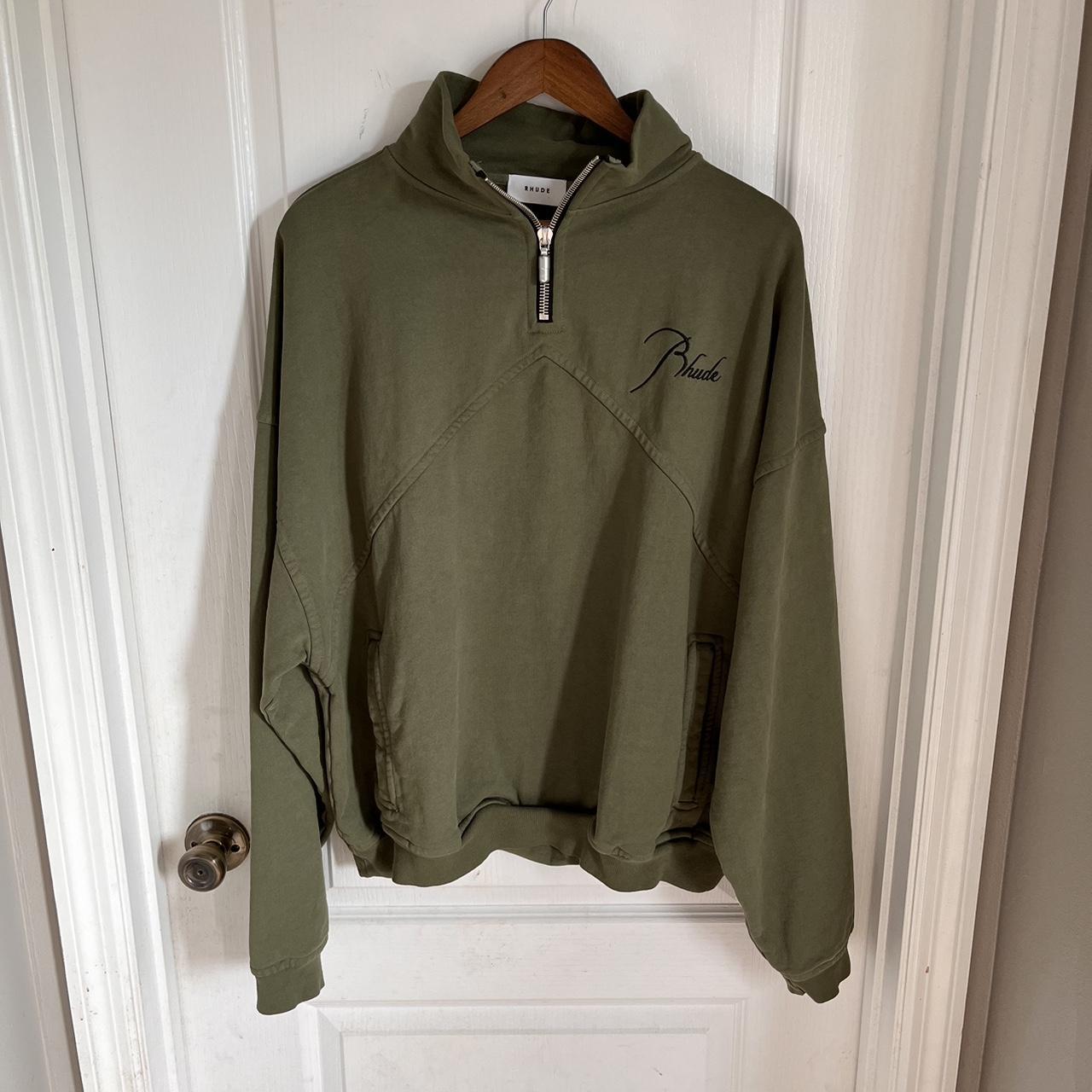 Rhude Olive Embroidered Quarter-Zip Sweater Size... - Depop