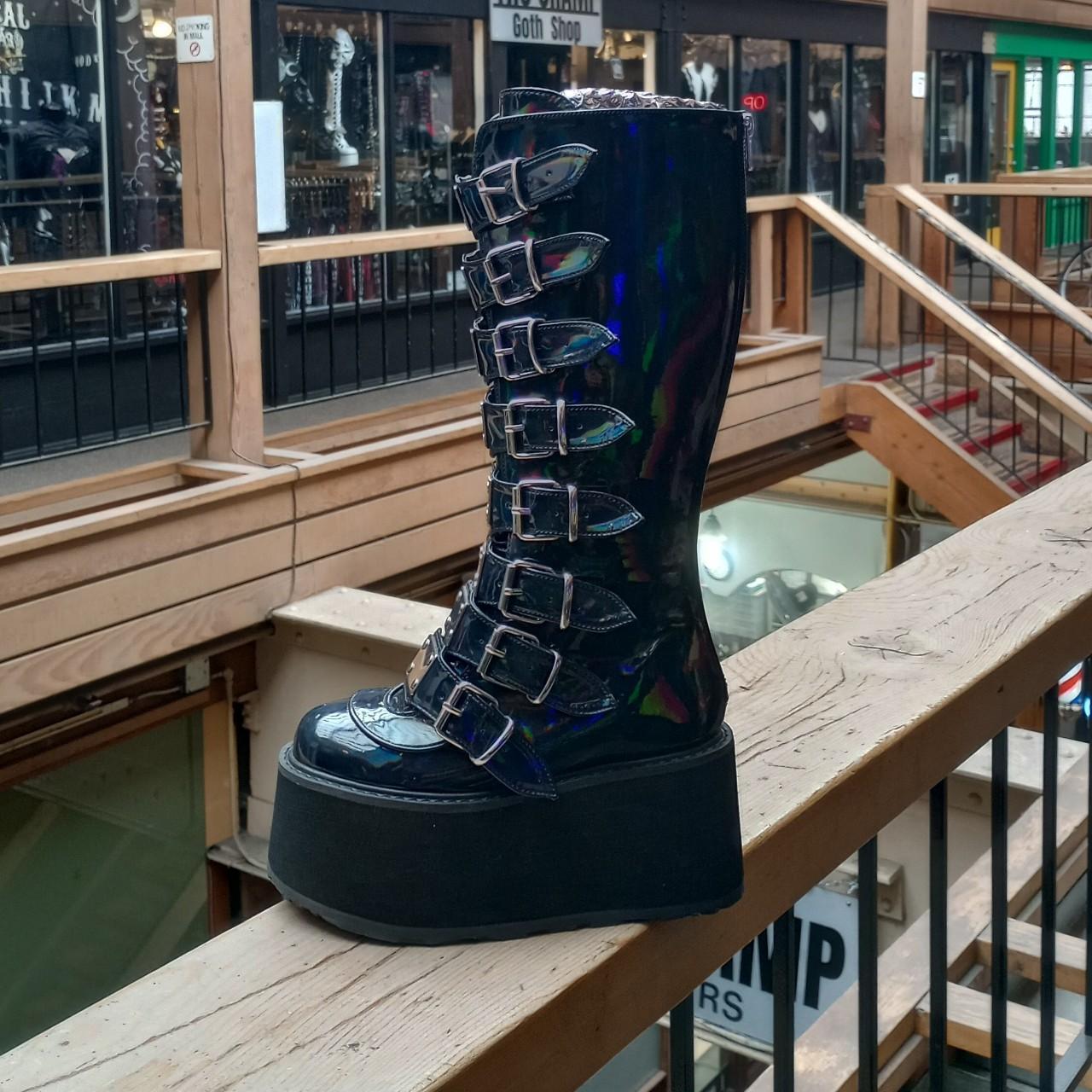 The Demonia Damned-318 calf high boot in black... - Depop