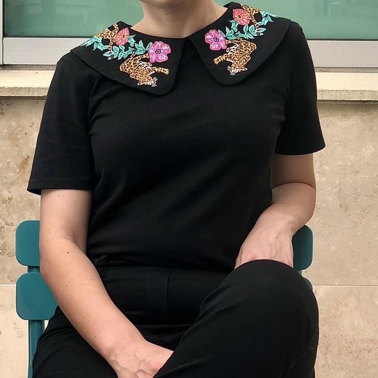 Zara Peter Pan Collar print top, black color. back... - Depop