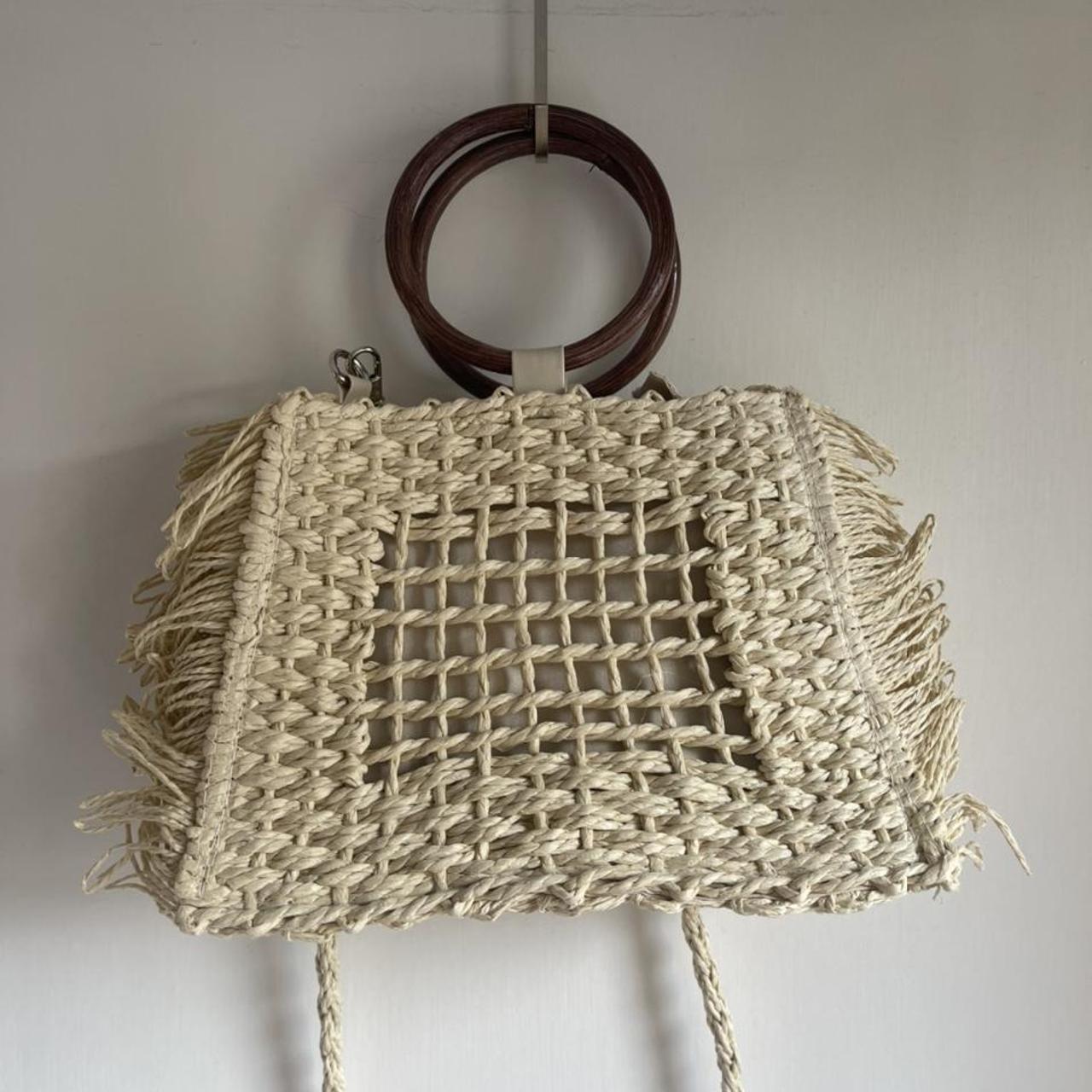 SHEIN Woven Basket Beach bag With wooden handles... - Depop