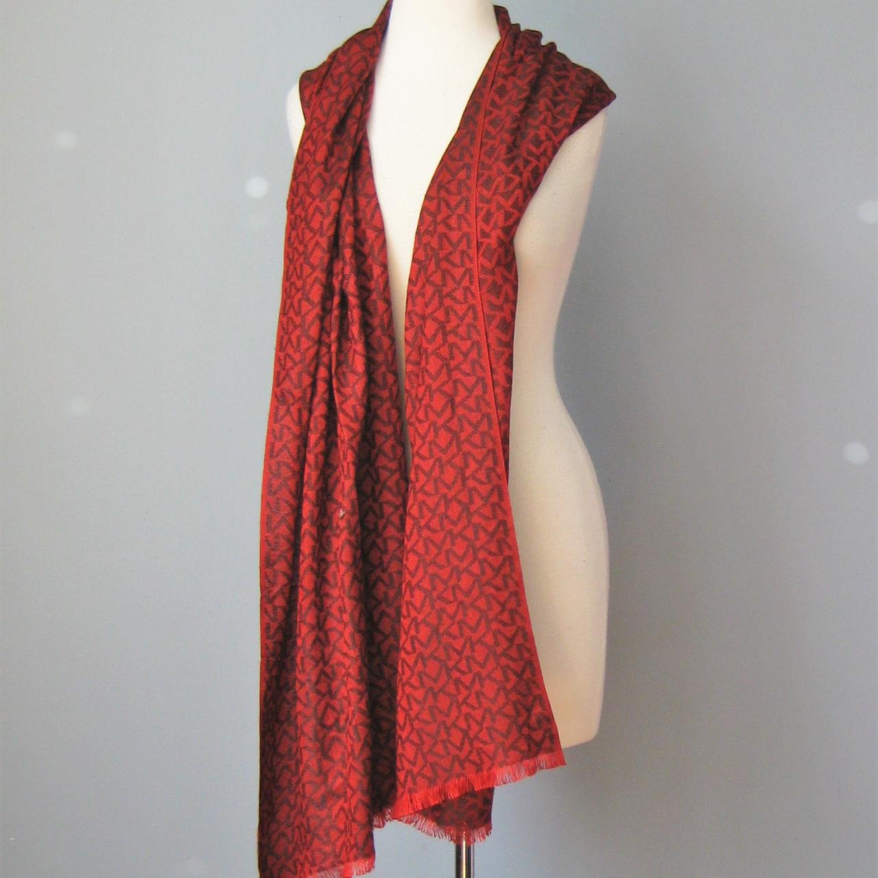 Michael Kors Red Black Logo Fringed Scarf Acrylic... - Depop