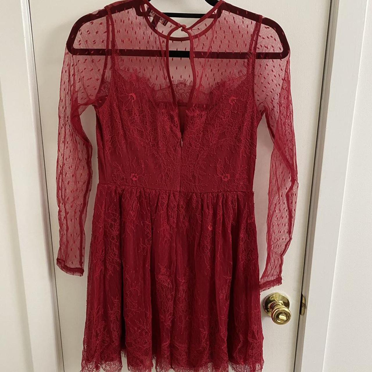 express long sleeve red lace dress sheer lace... - Depop