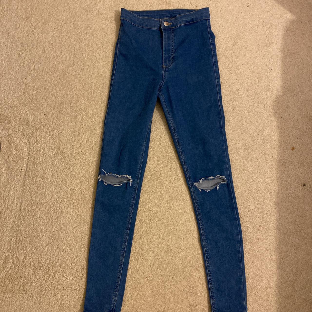 Blue Topshop ripped knee Joni jeans. Size W26... - Depop