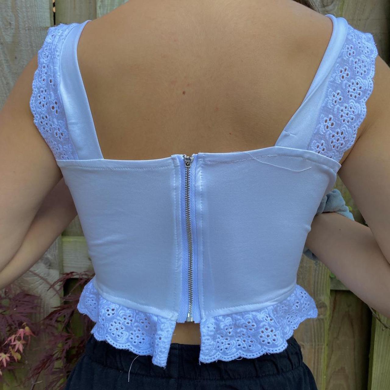 White Square Neck Crop Top With Lace And Zip Depop
