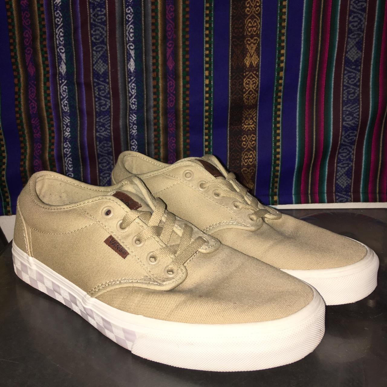 Cool tan vans with light checkered pattern on the... - Depop