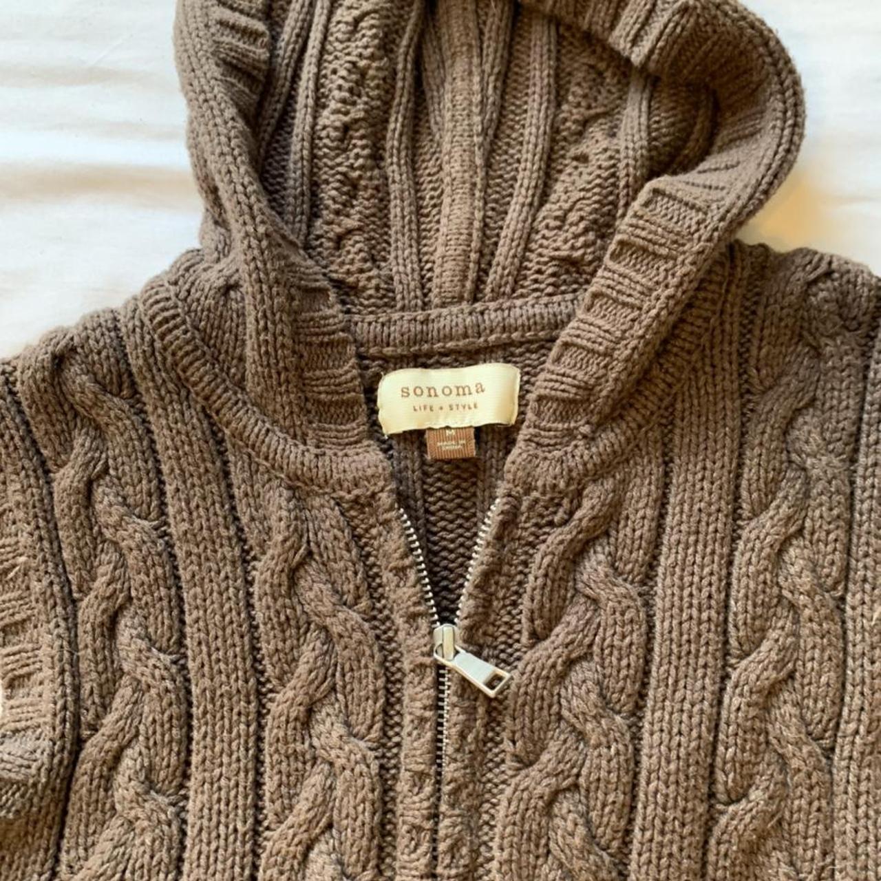brown cable knit hooded zip up sweater vest - Depop