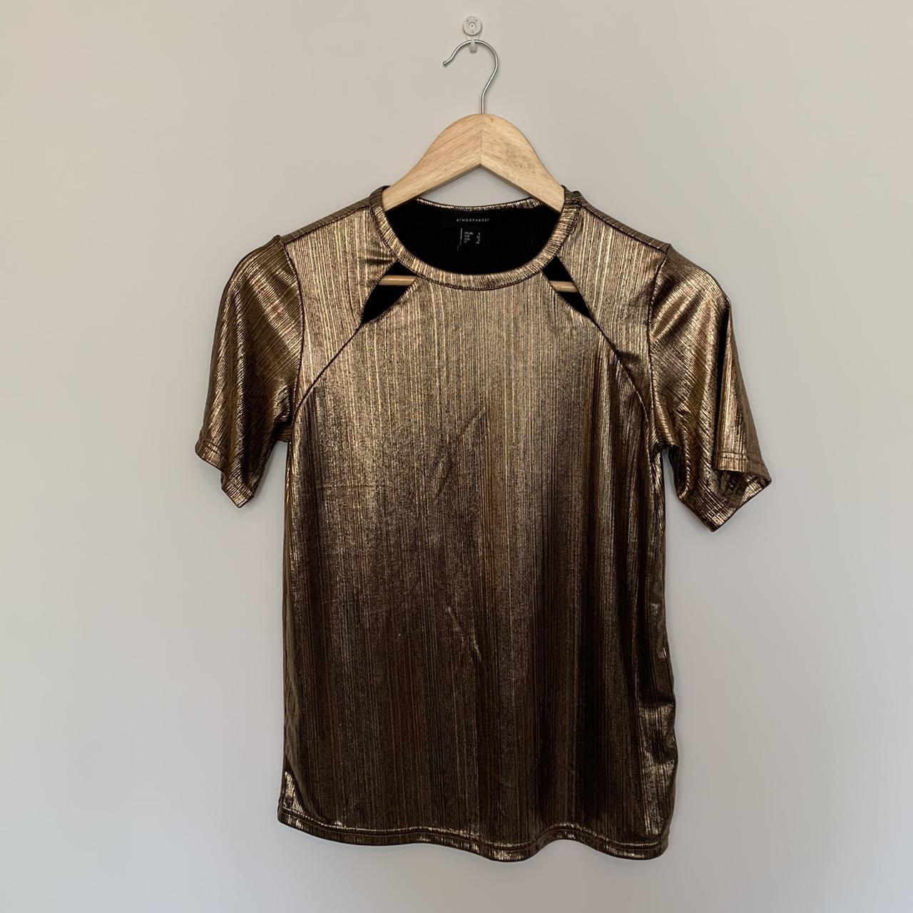 Gold Shiny Short-sleeved Top with Cut-out at... - Depop