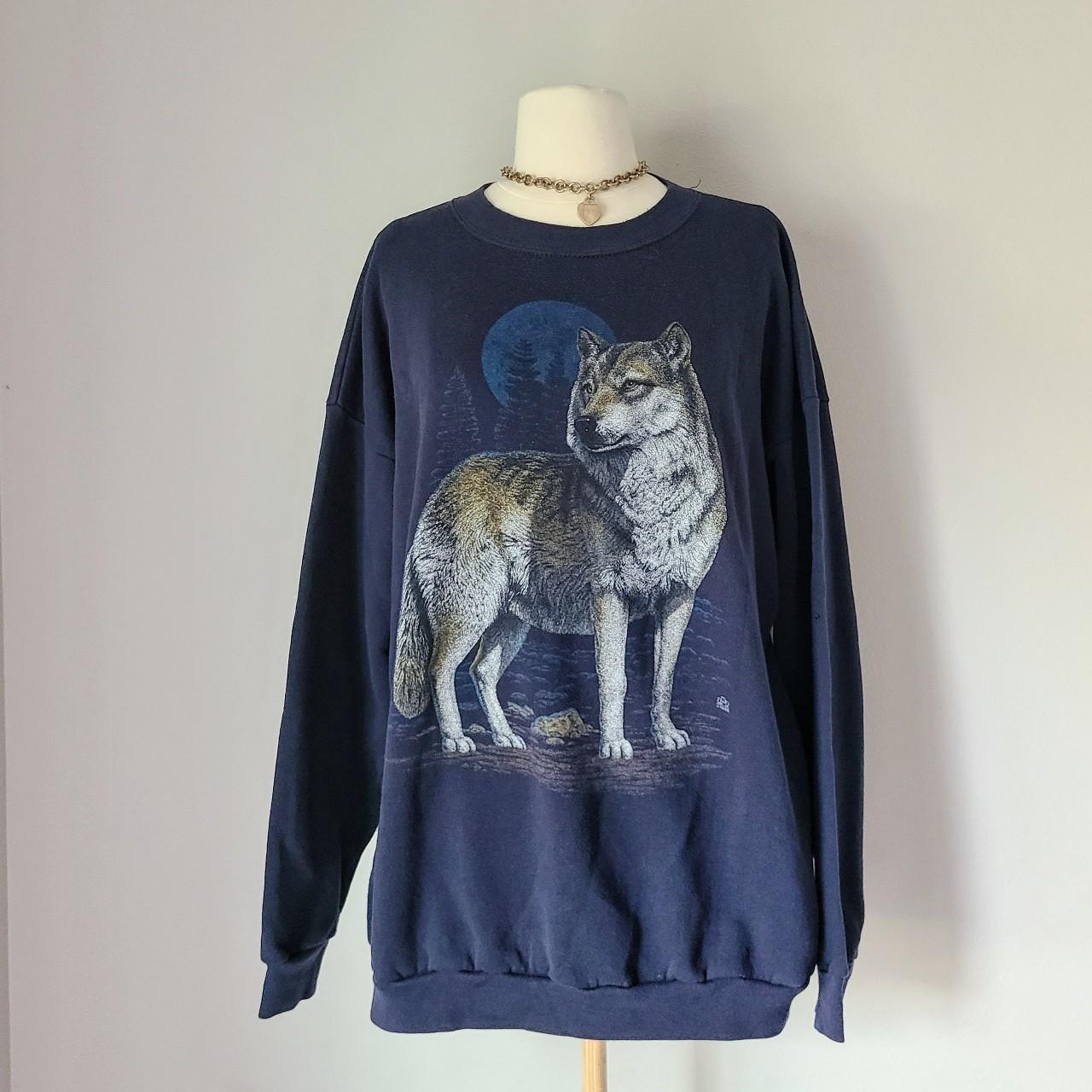 Vintage 90s Wolf Navy Pullover Sweatshirt ... - Depop