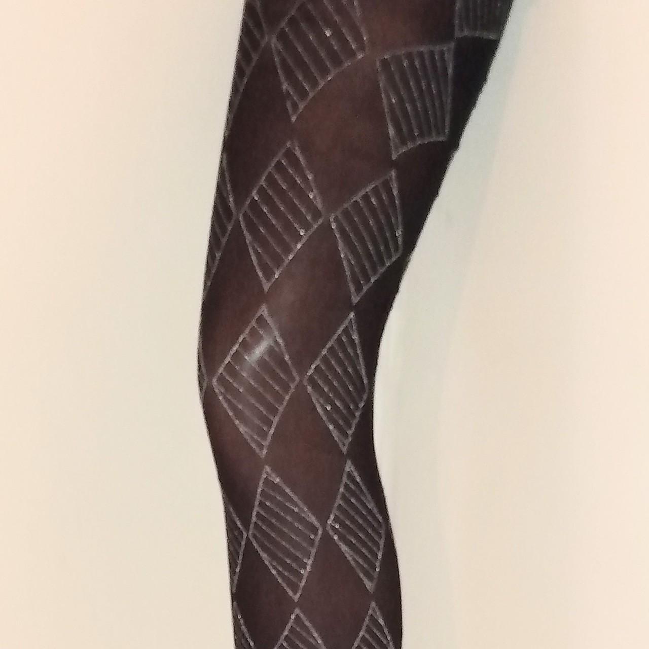 Silver diamond print footless tights. Black with... - Depop
