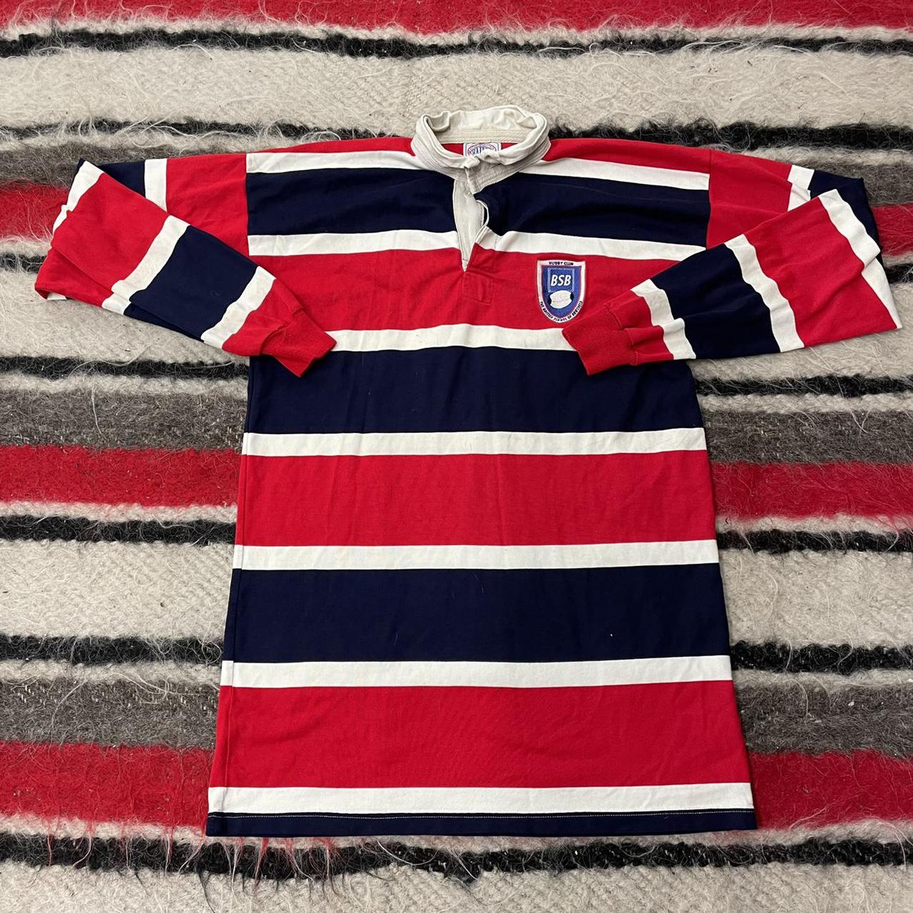 Vintage 1970s 1980s Red and Navy Striped Halbro... - Depop