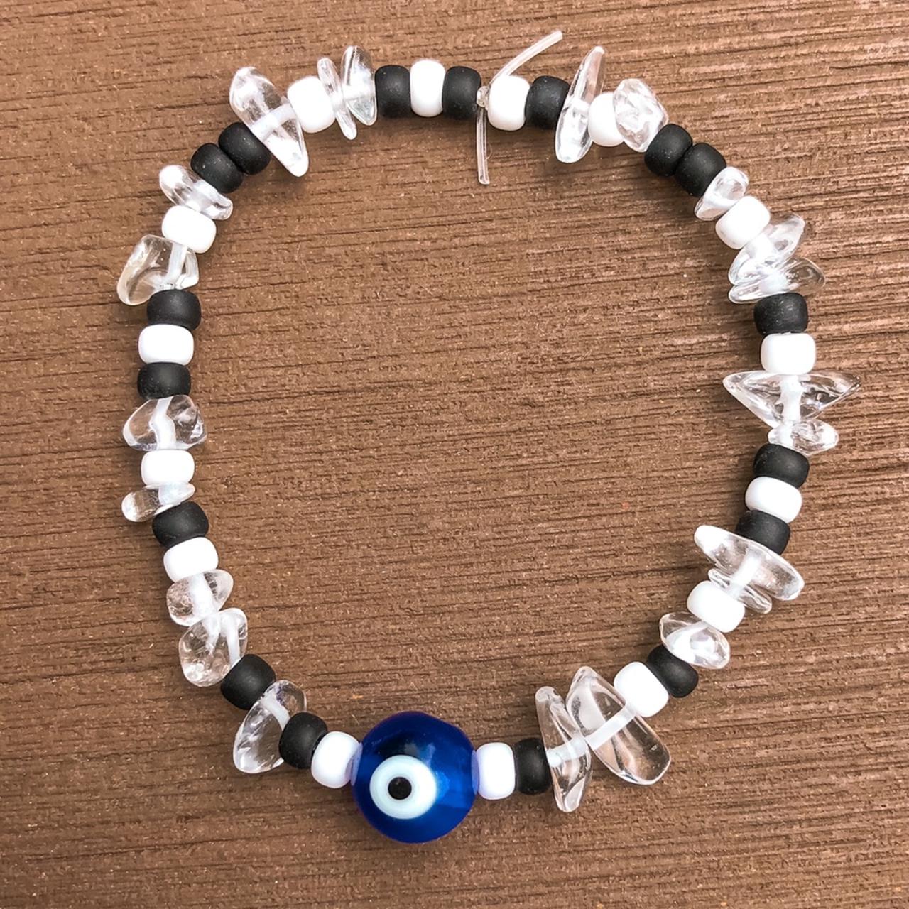 Evil Eye Clear Quartz Crystal Black and White Beaded... - Depop