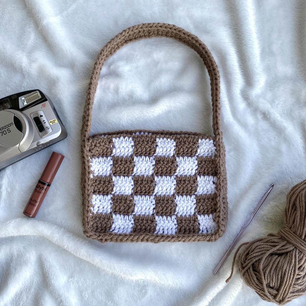 white & mocha small handmade checkered crochet... - Depop