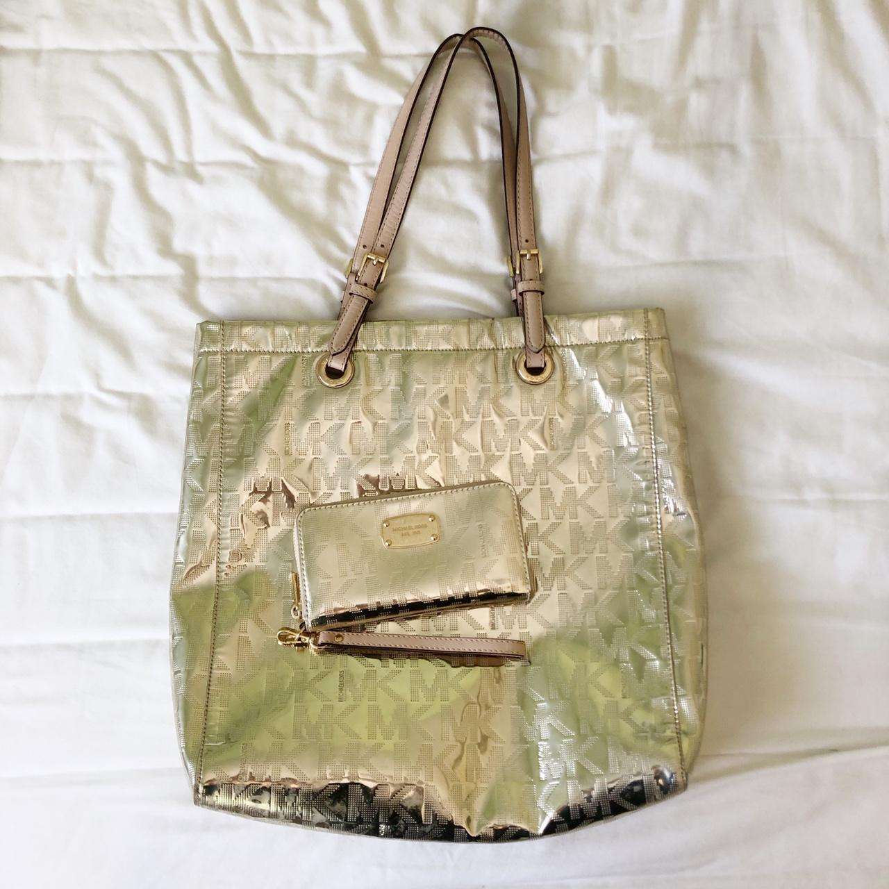 Michael Kors gold metalic tote bag and wallet set •... - Depop