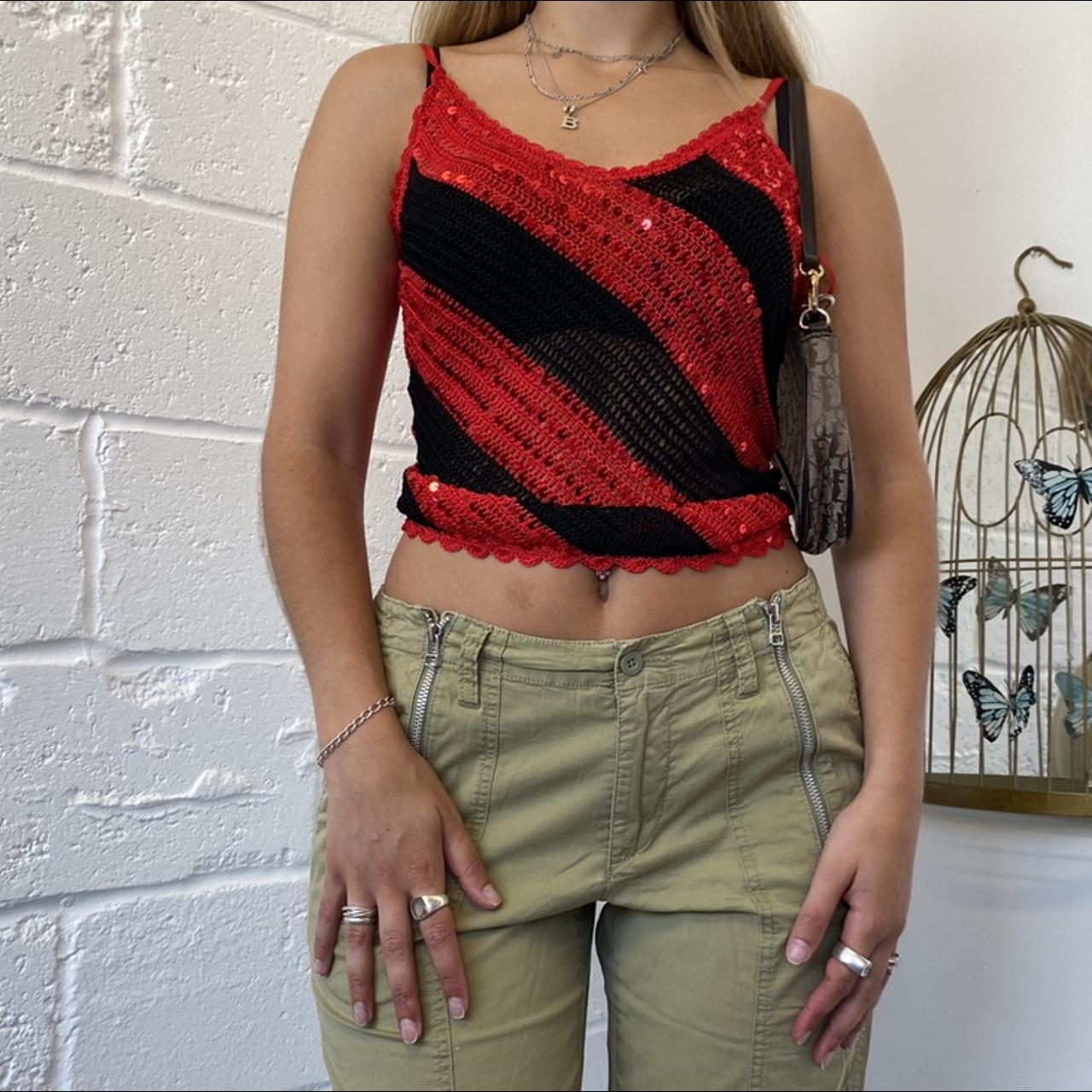 Early 2000s red and black crochet top with sequin... - Depop