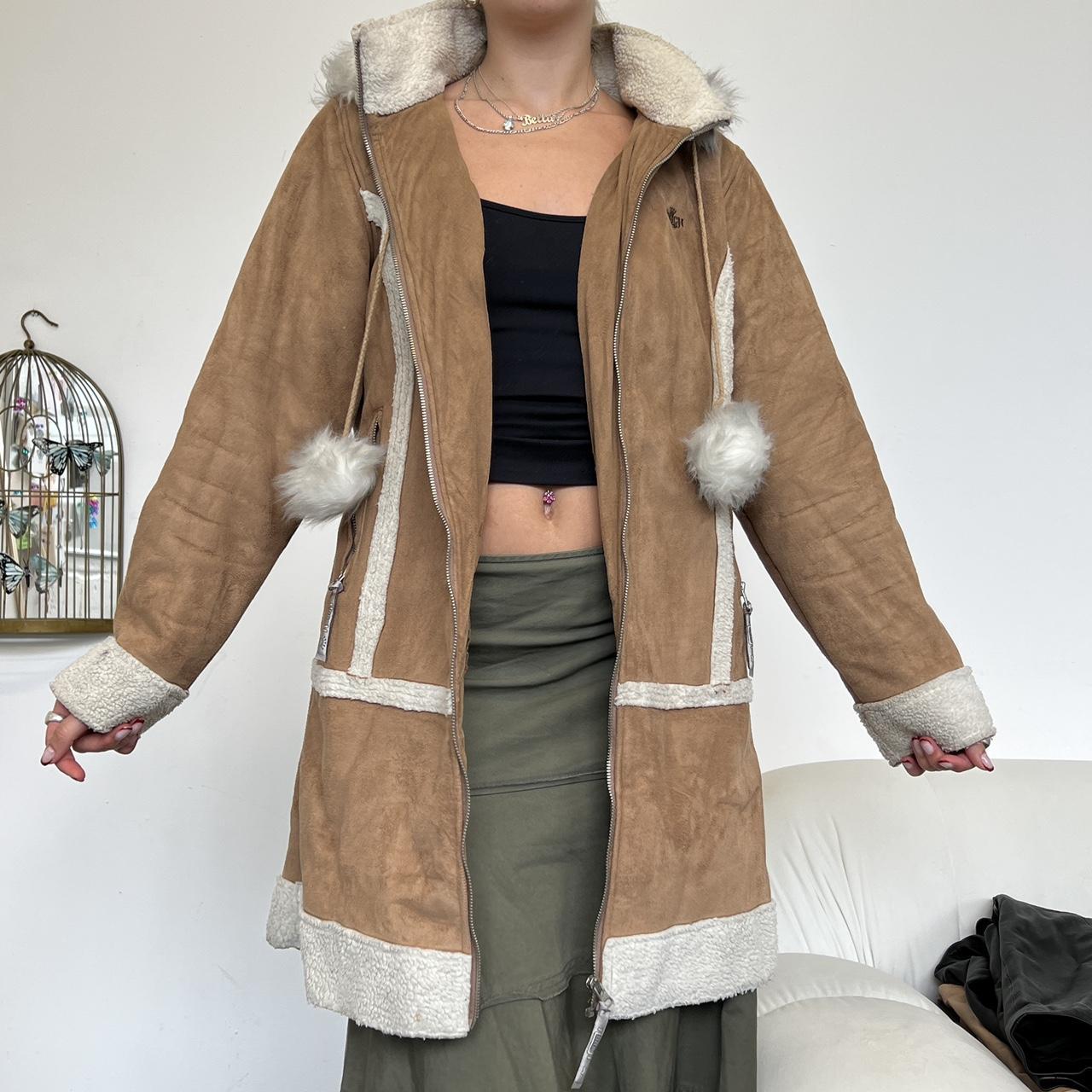 Vintage early 2000s brown Hooch faux shearling coat... - Depop