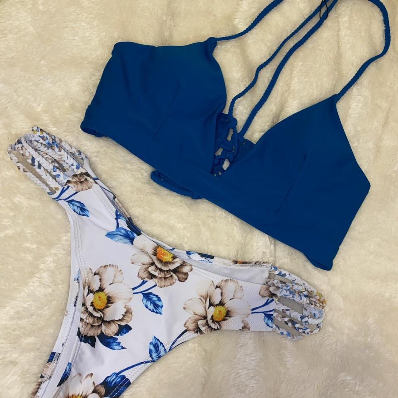 Blue floral thong bikini from zaful, never worn size... - Depop