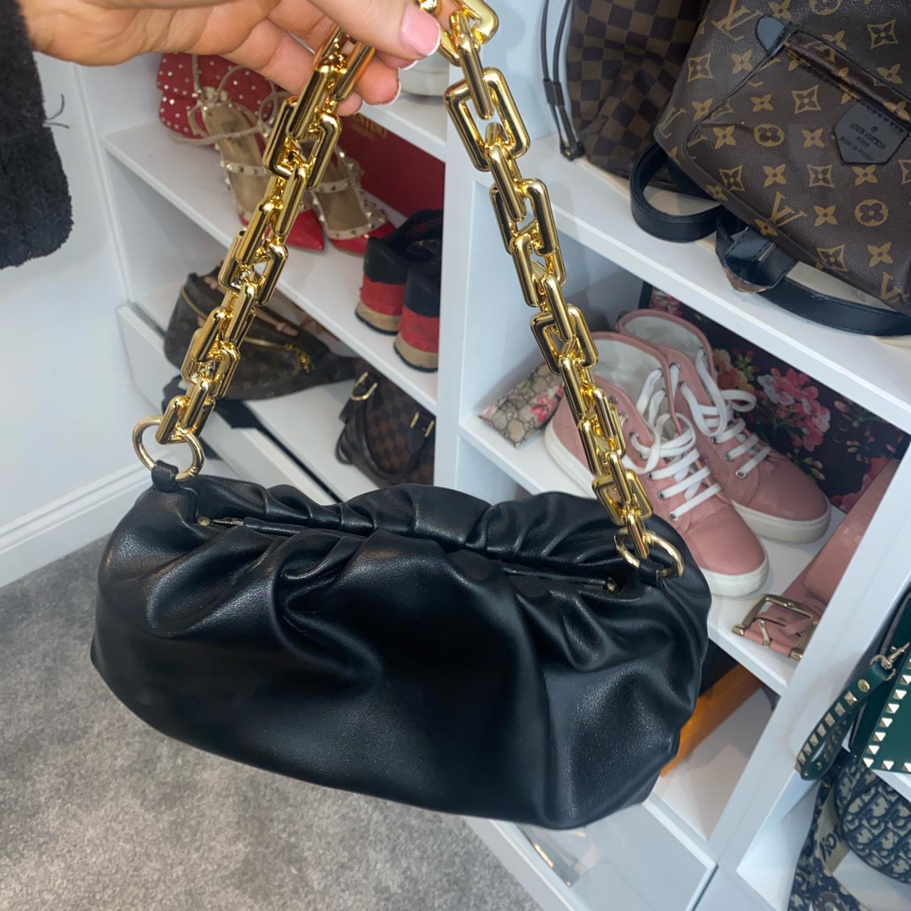 Black ruched bag gold chain Worn once - Depop