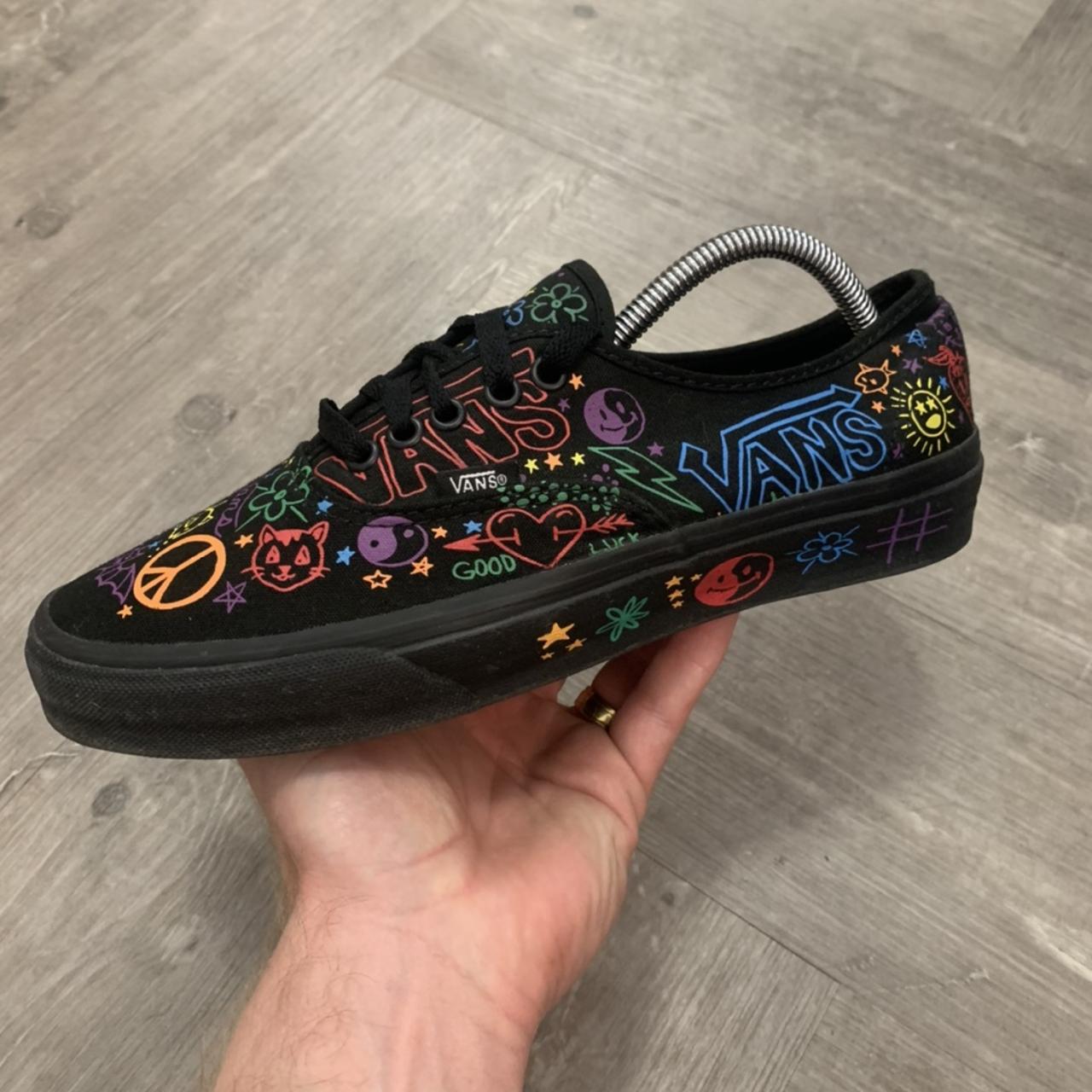 Vans lace up Black with multi coloured doodle Uk... | Depop