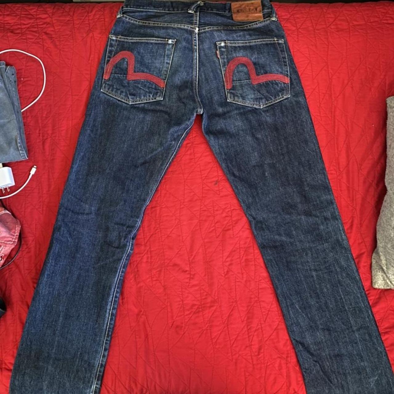Evisu Red stitched seagull 5 pocket selvedge jeans... - Depop