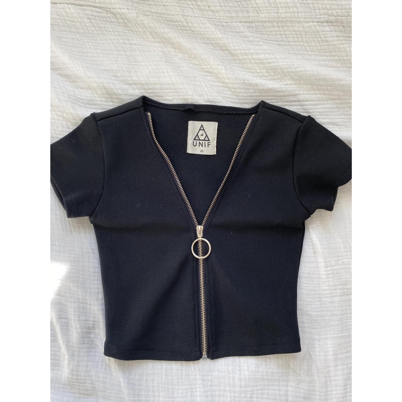 UNIF Women's Black and Silver Crop-top | Depop