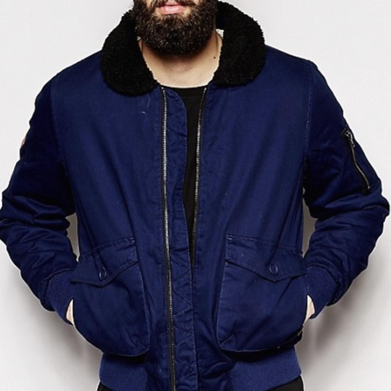 Men’s Bellfield Flight Navy Jacket with Borg Collar... - Depop