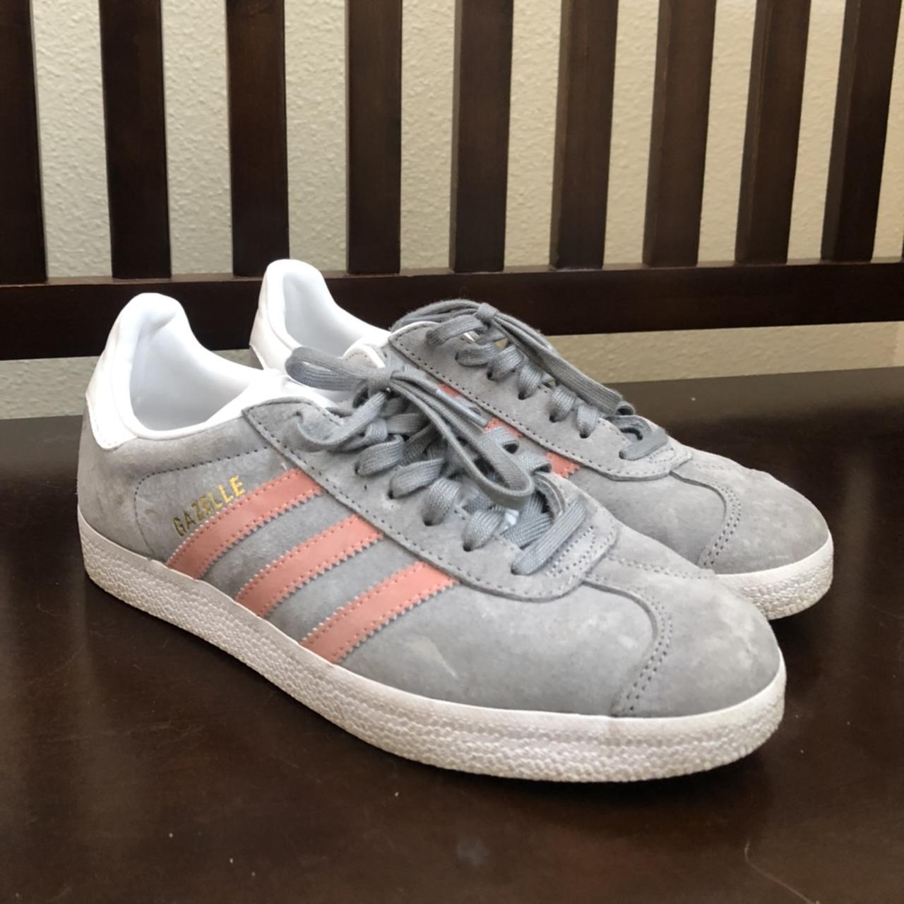 Adidas Gazelles: grey suede with pink... - Depop