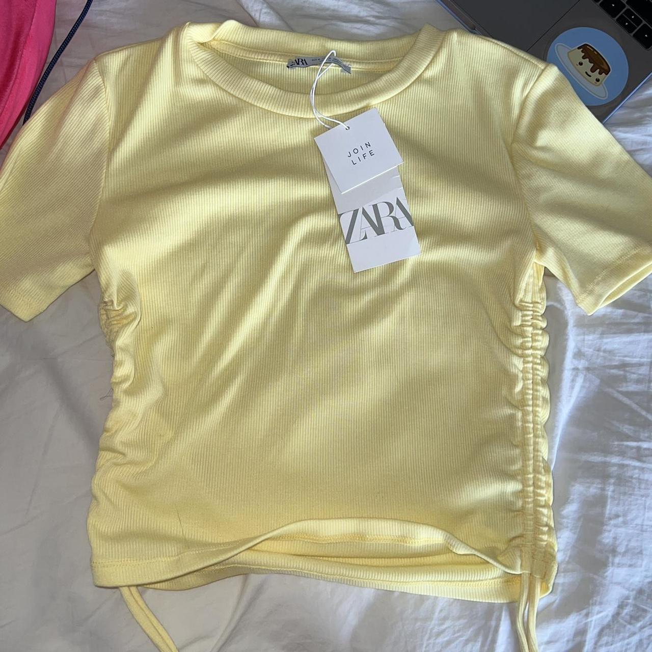 Zara Yellow Ribbed Side Tie Ruched Shirt super cute... - Depop