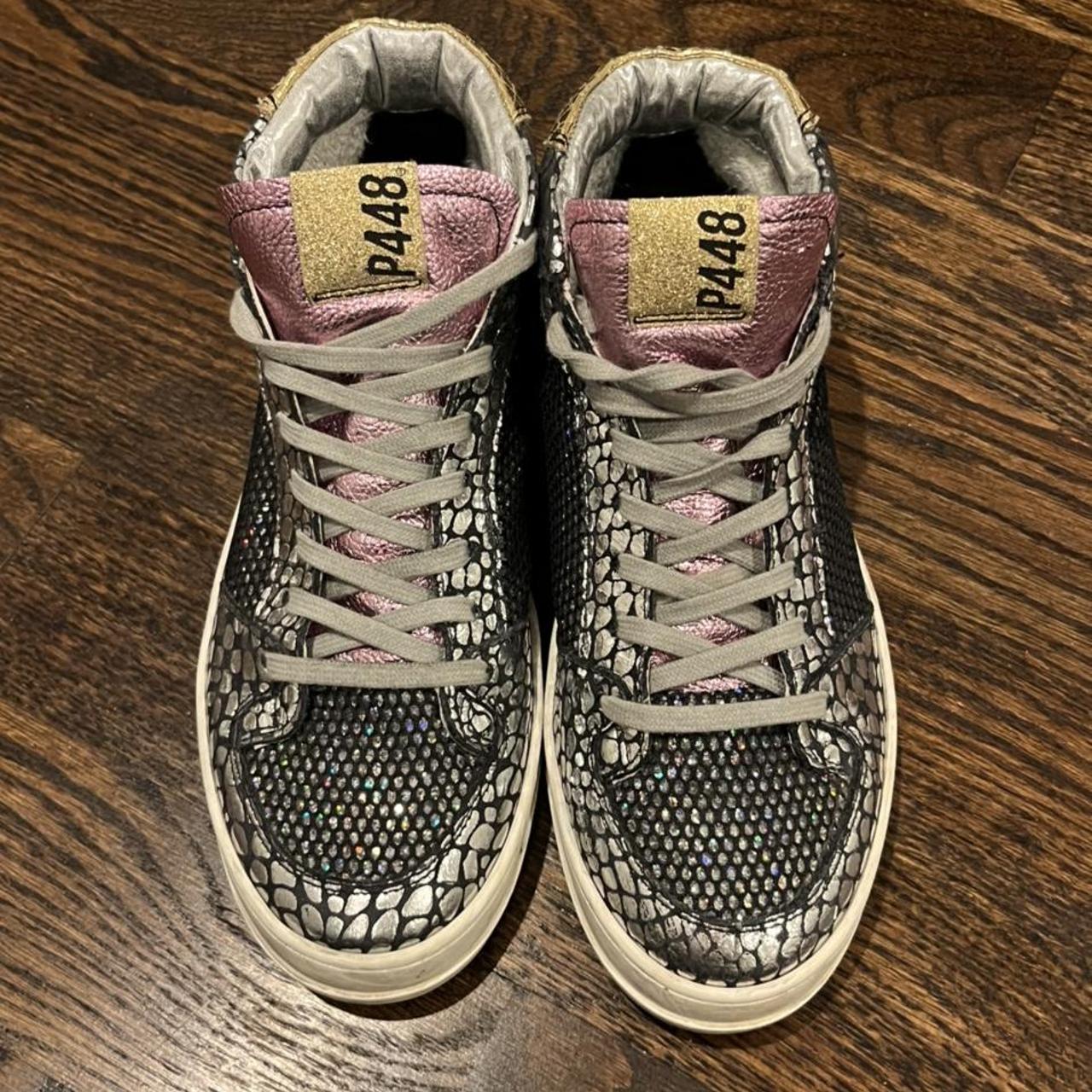 P448 Queens Glitter Mid-Top Sneakers Gold... - Depop