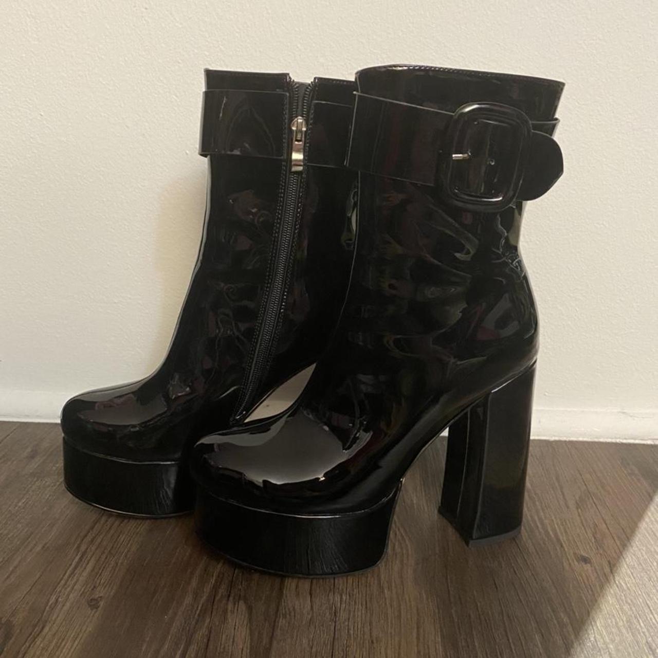 Gorgeous black vinyl boots size 9, never... - Depop