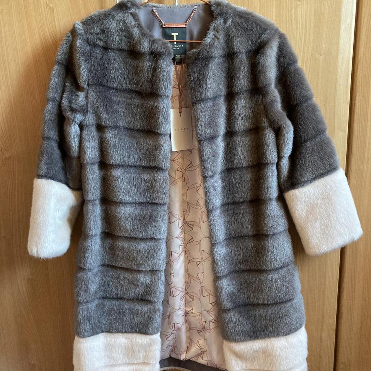 Ted Baker faux fur colour block coat in light grey... - Depop