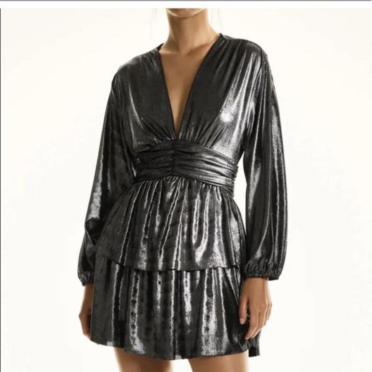 Zara ruffle mini dress. V-neck style and elastic... - Depop