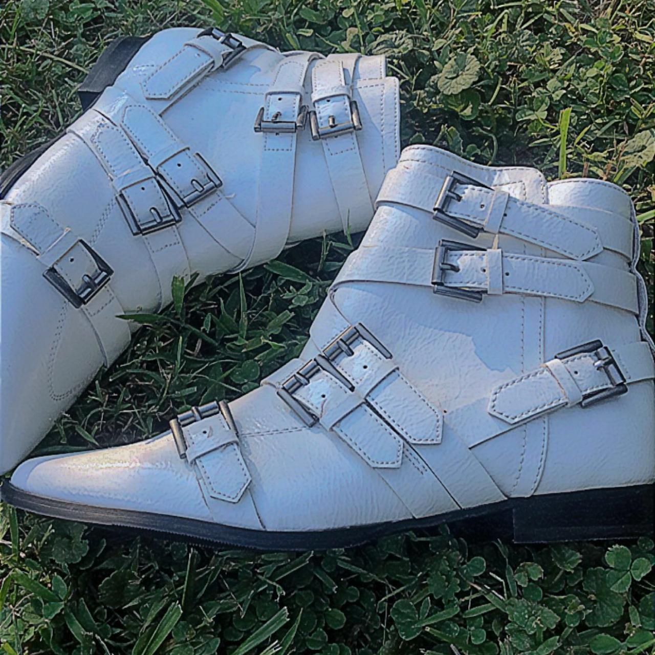 White leather handmade ankle boots with buckle... - Depop