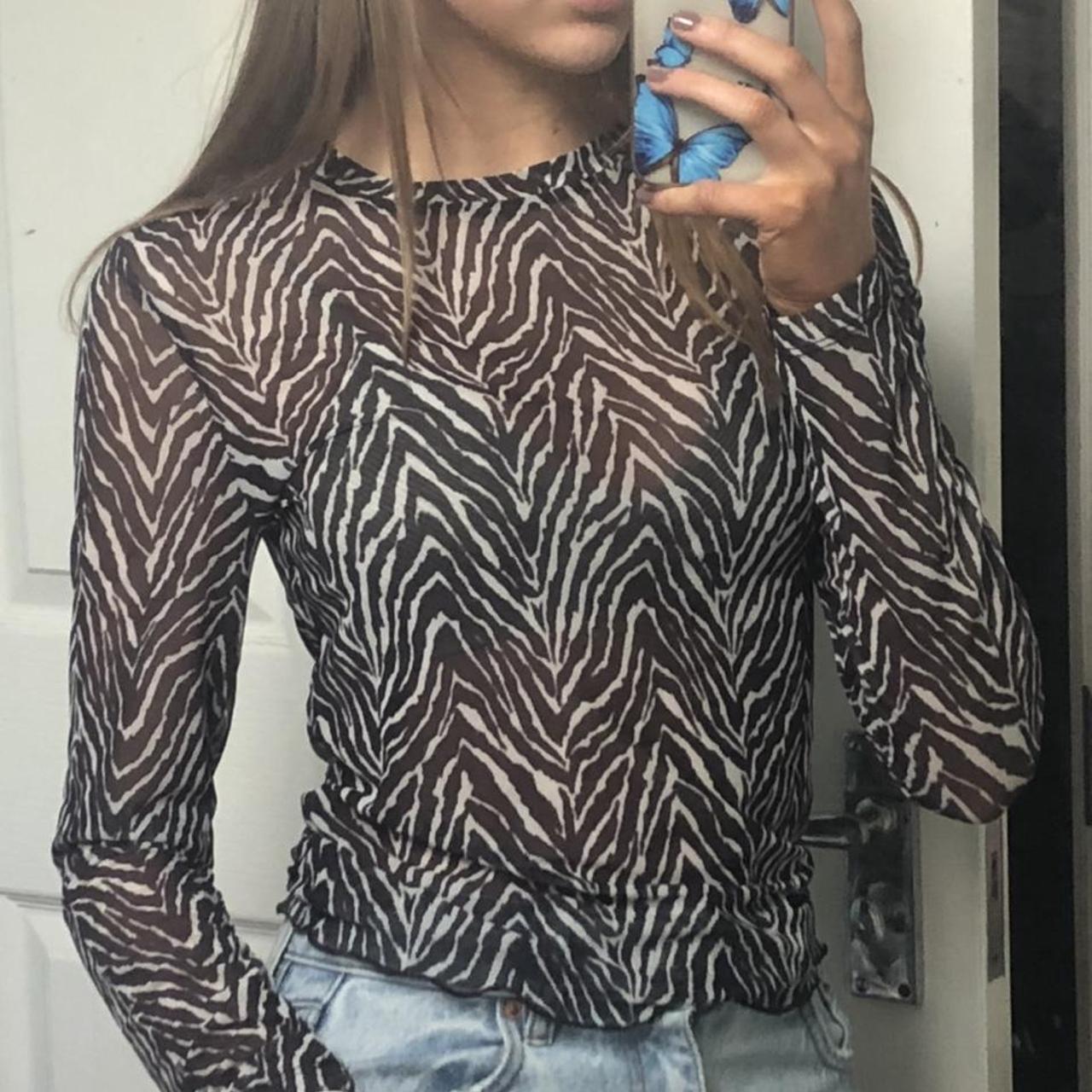 mesh black and white zebra print long sleeve top,... - Depop
