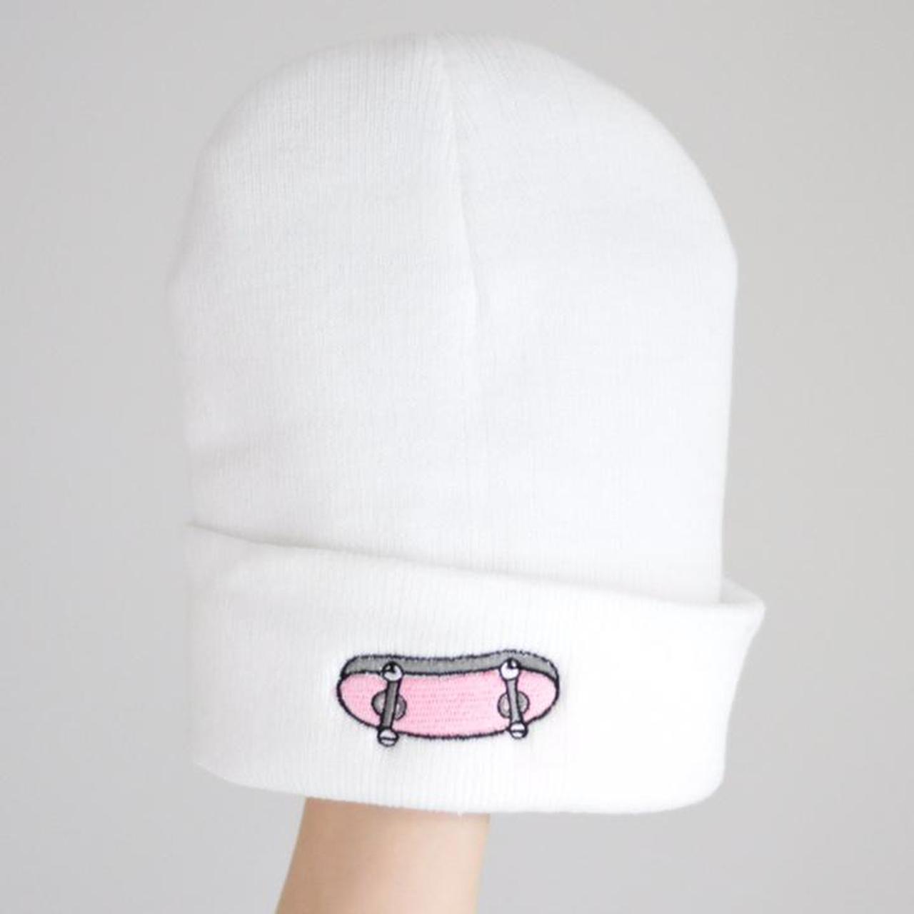 Super cool white and pink skateboard beanie style... - Depop