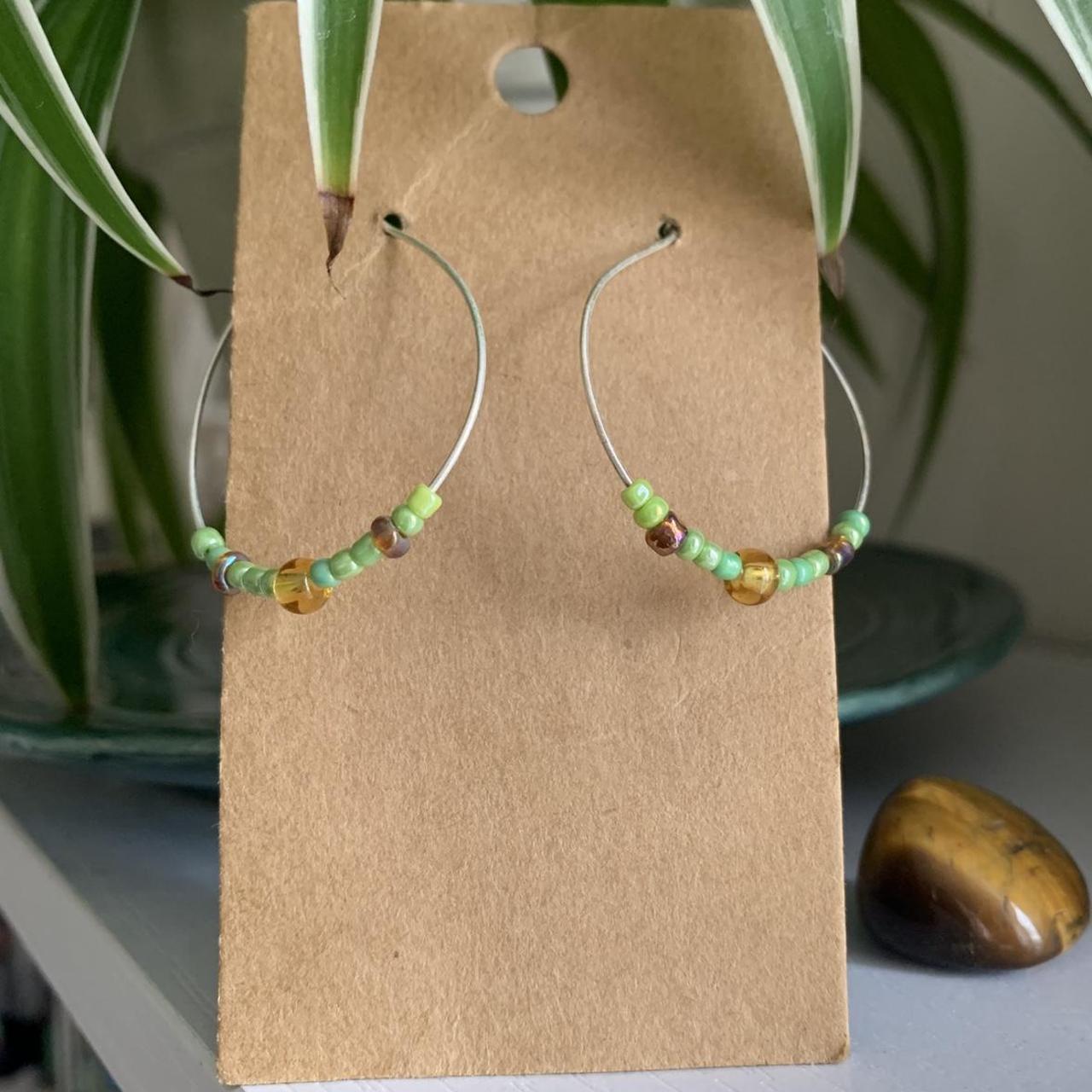 Funky seed bead amber hoops Medium sized silver... - Depop