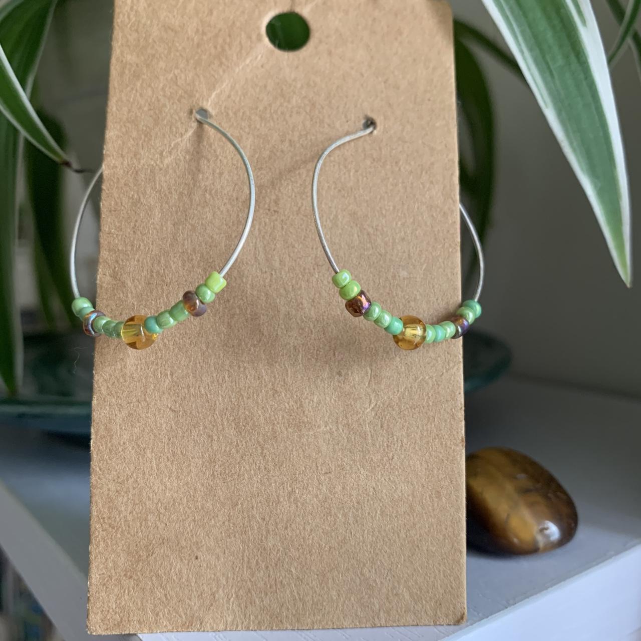 Funky seed bead amber hoops Medium sized silver... - Depop