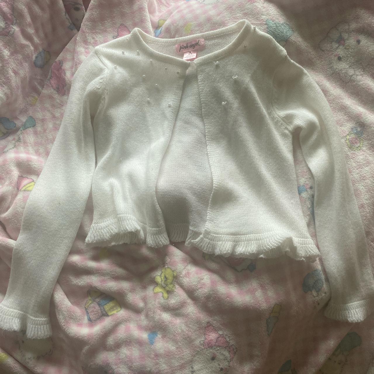white cropped button up sweater with pearl detailing... - Depop