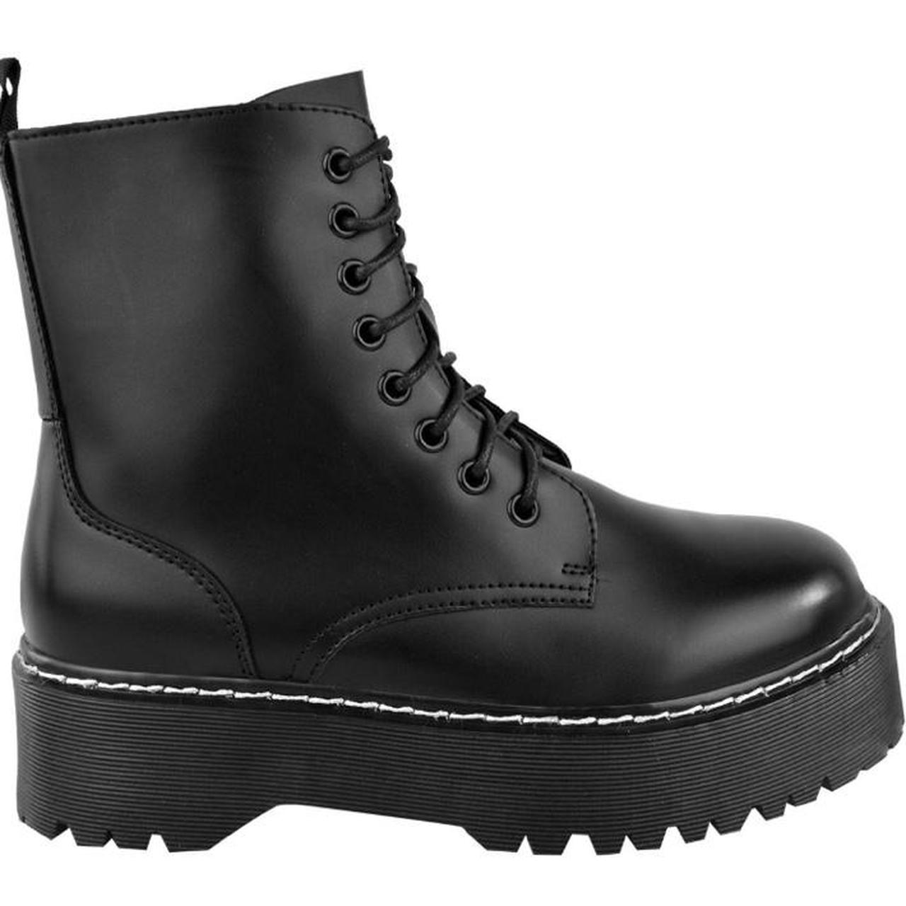 black chunky platform boots Lace up front with zip... - Depop