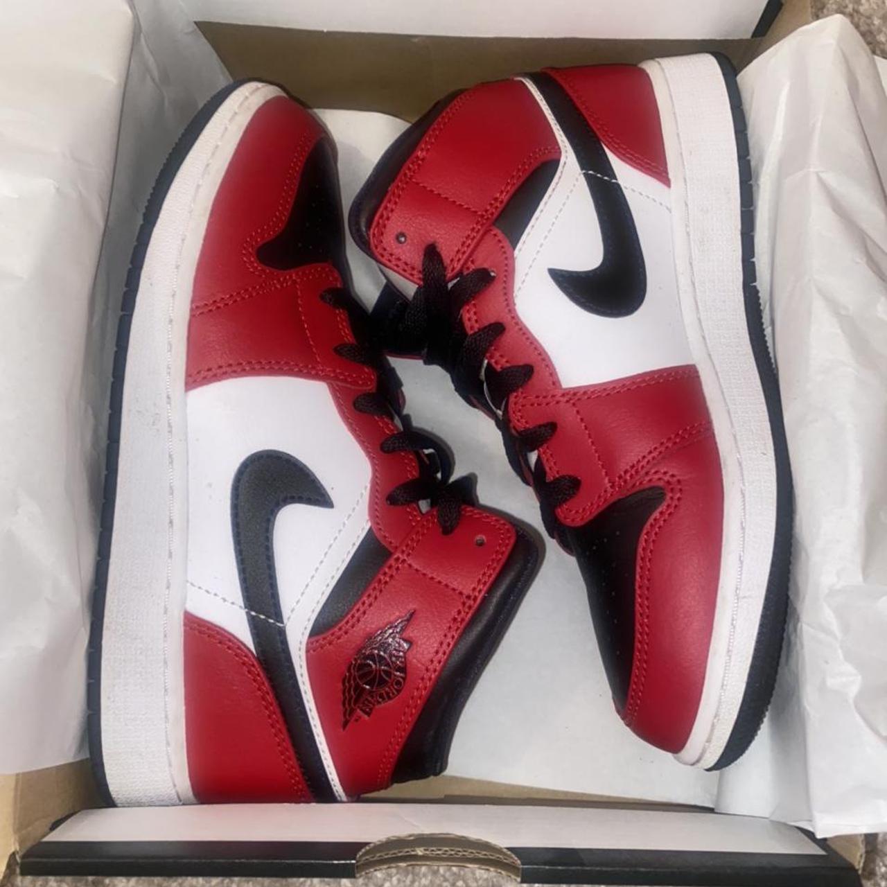 air jordan 1 mids in chicago black toe size 3.5... - Depop