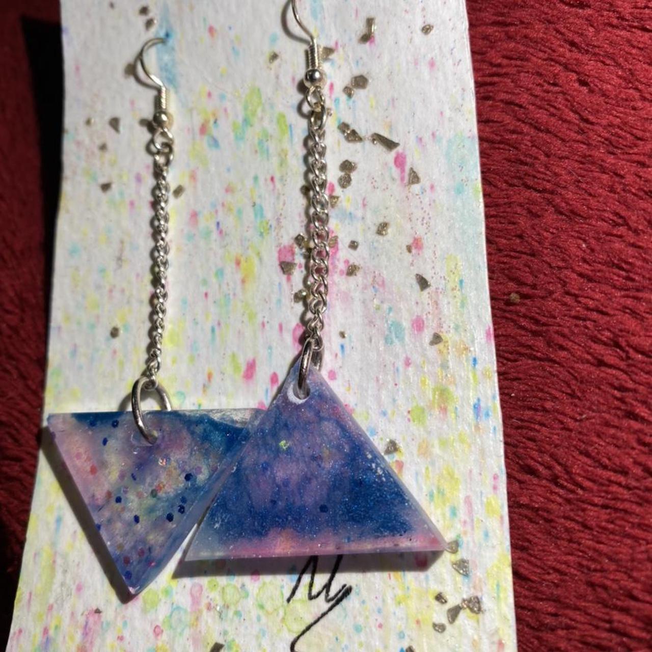 blue and pink sparkly triangle dangle earrings - Depop