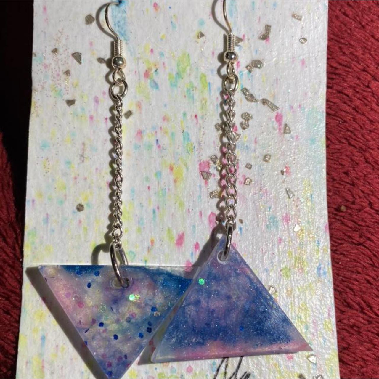 blue and pink sparkly triangle dangle earrings - Depop