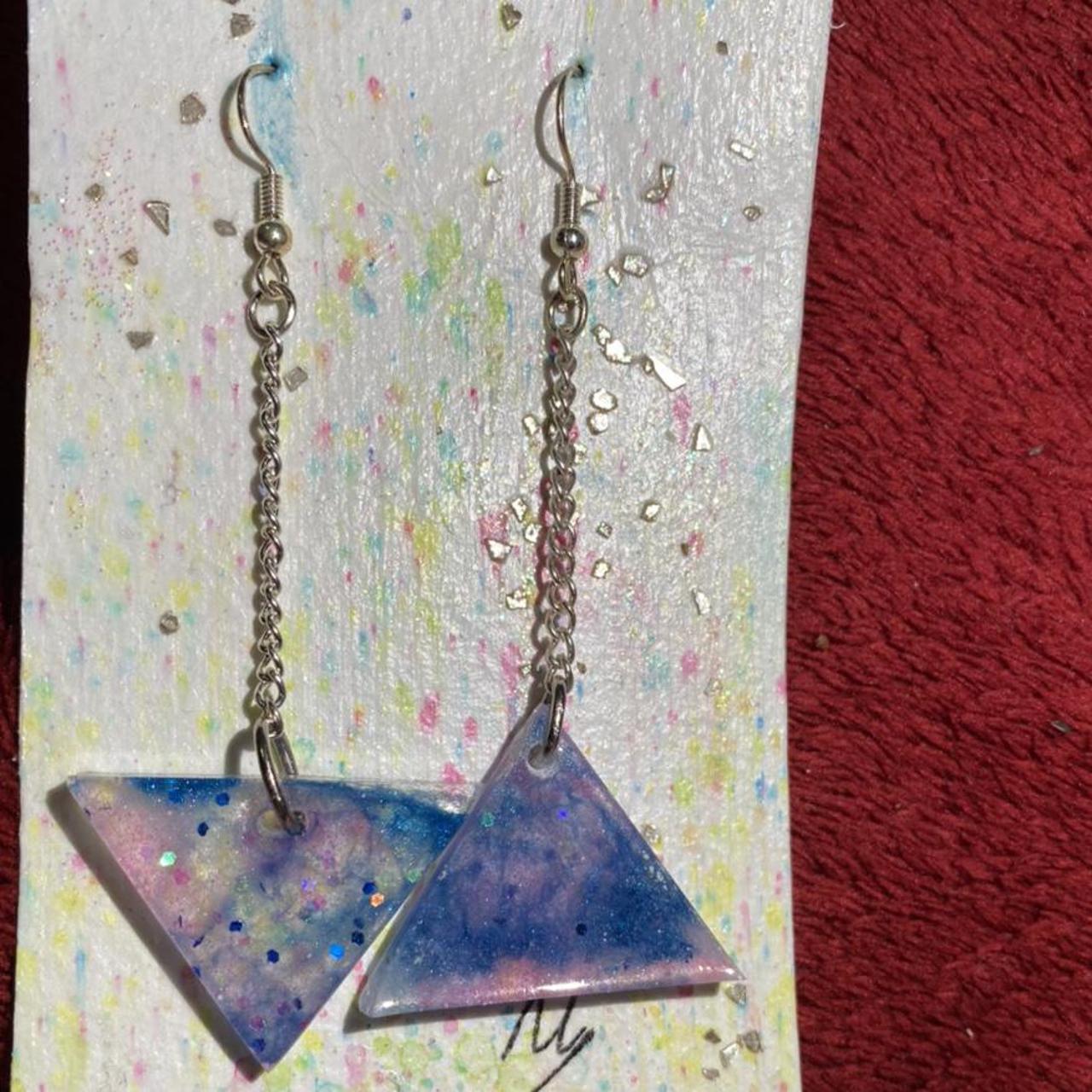 blue and pink sparkly triangle dangle earrings - Depop