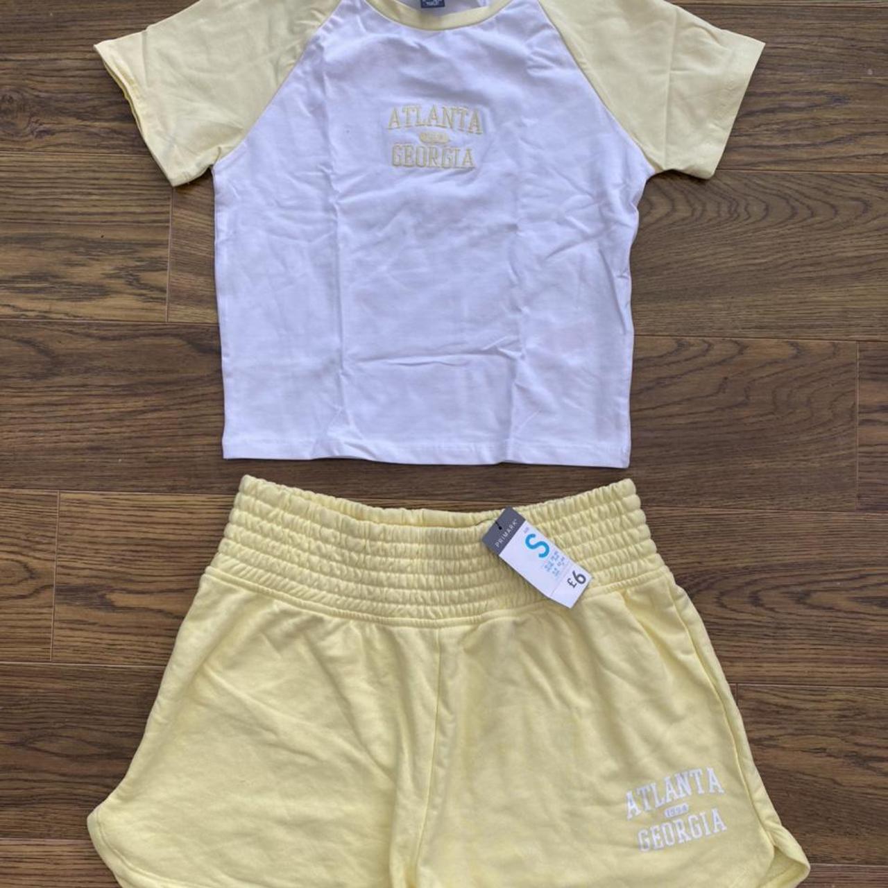 Primark yellow and white short and crop top set.... - Depop