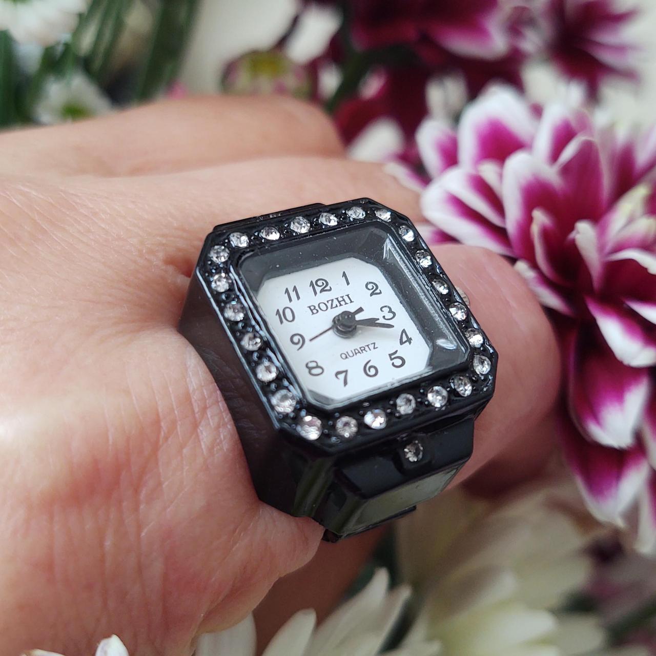 FINGER WATCH RING black chunky ring with diamante... - Depop