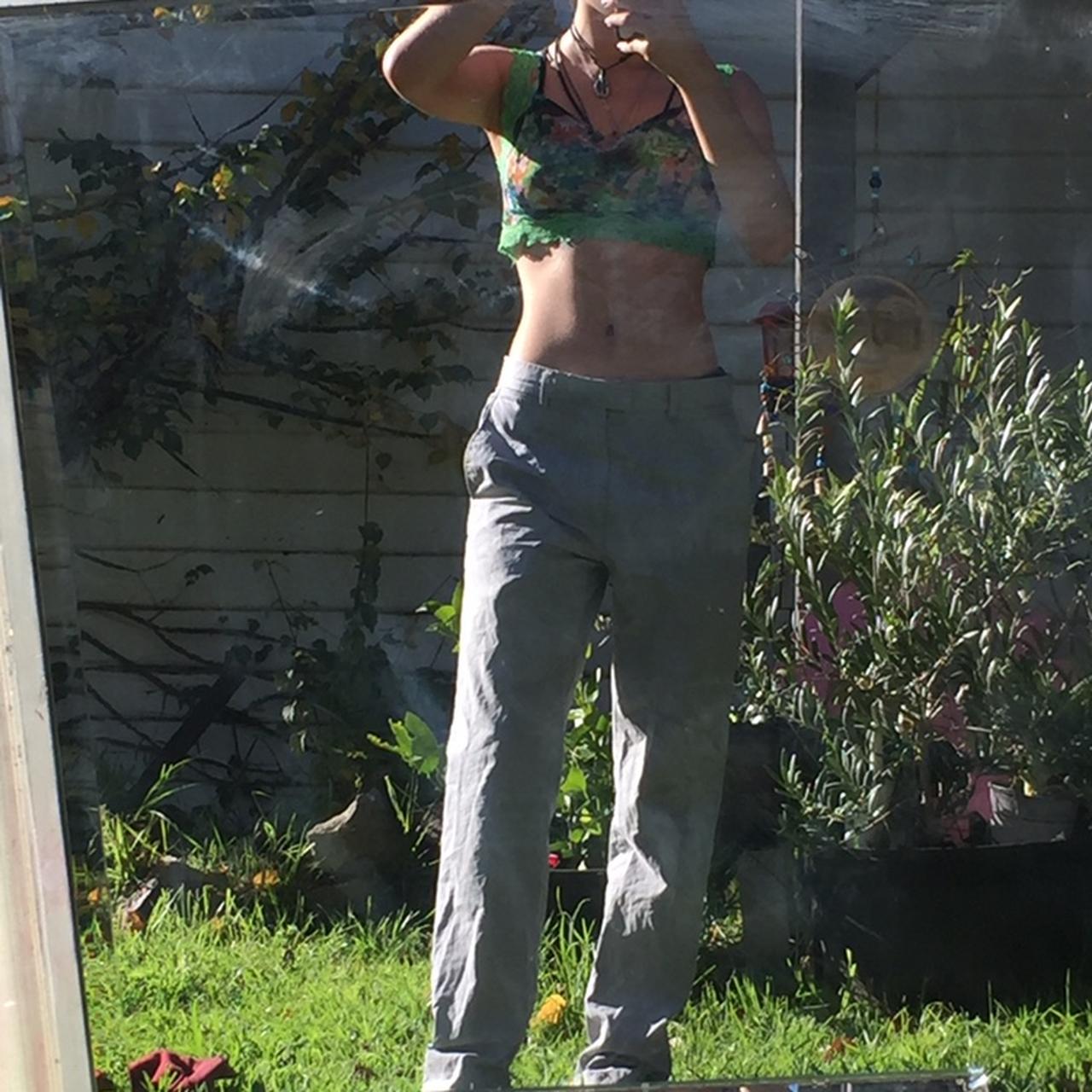 Green multicoloured crop top with lace trim - Depop