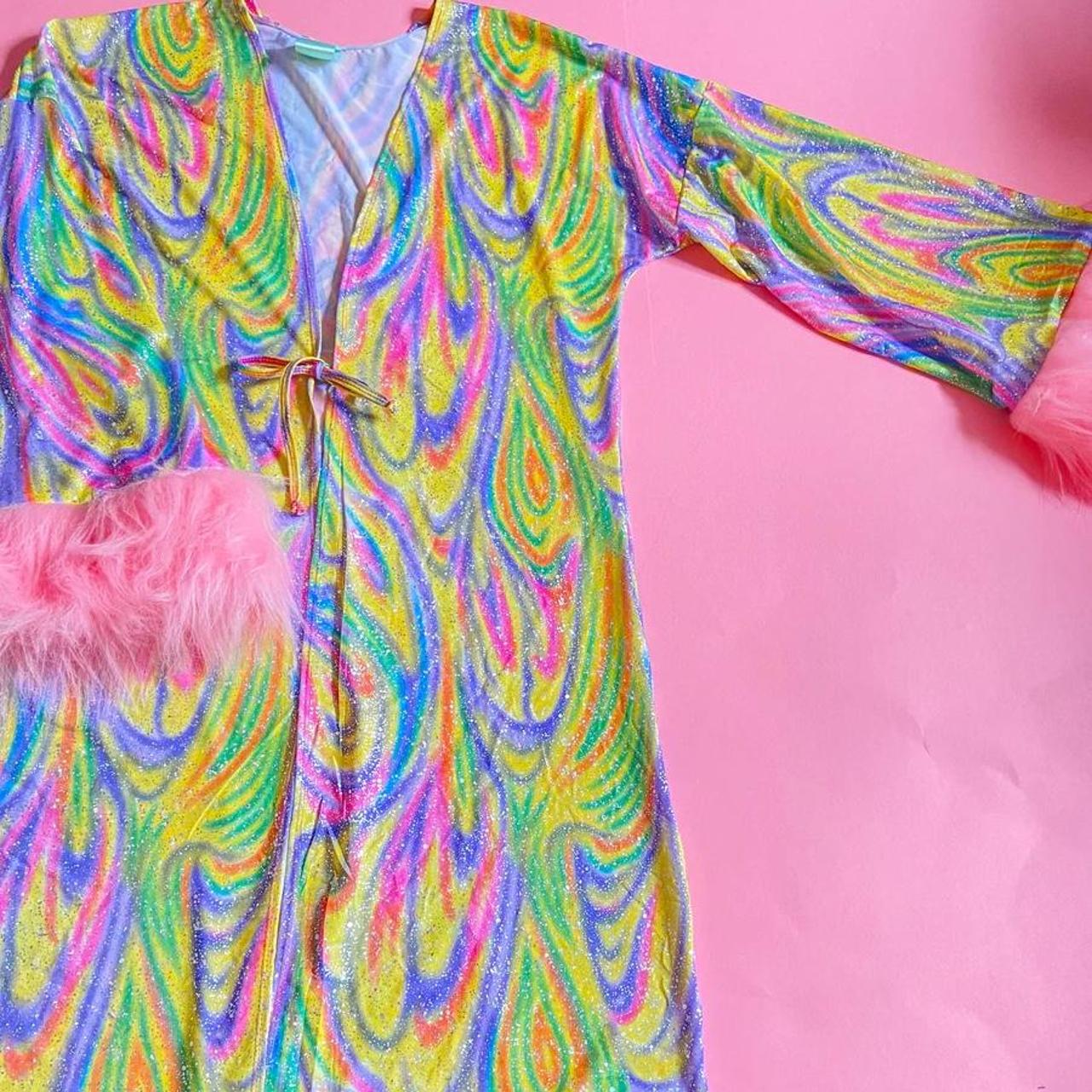 Glittery pastel swirl furry trim festival kimono... - Depop